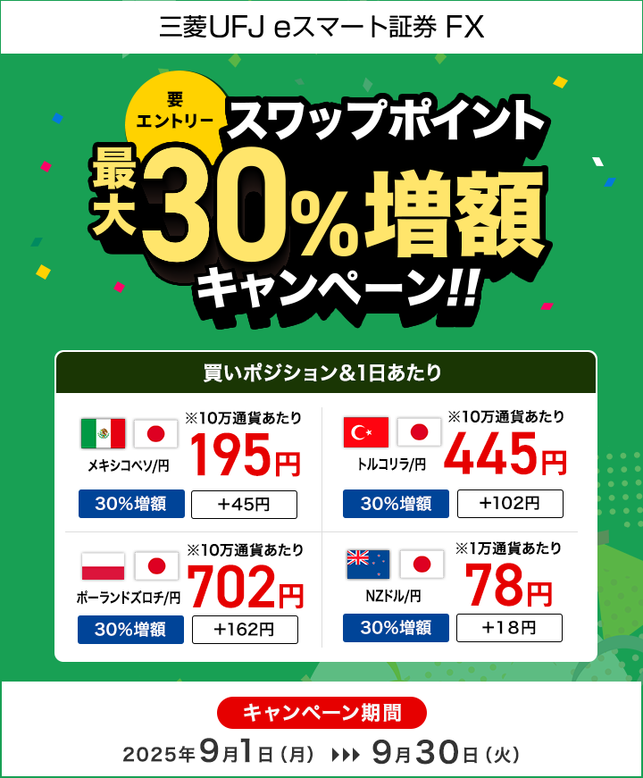 【三菱UFJ eスマート証券 FX】スワップポイント最大30%増額キャンペーン（要エントリー） | 三菱UFJ eスマート証券（旧社名：auカブコム証券）